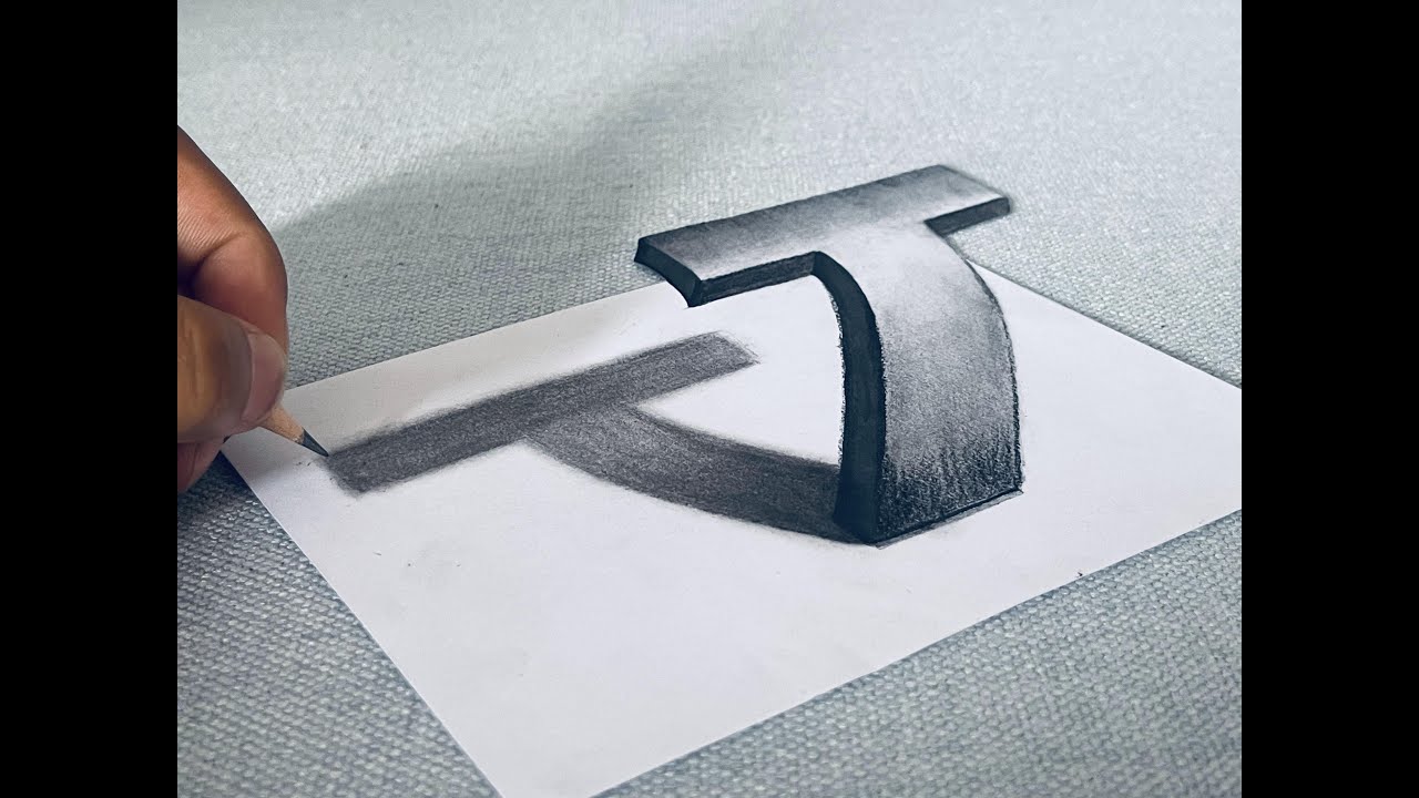 easy draw letter T 3D on paper for beginners, how to draw letter T 3D ...