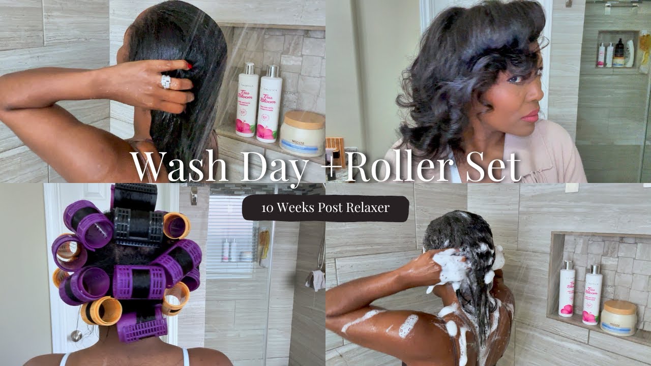 Wash day + roller set *10 weeks post relaxer* - YouTube