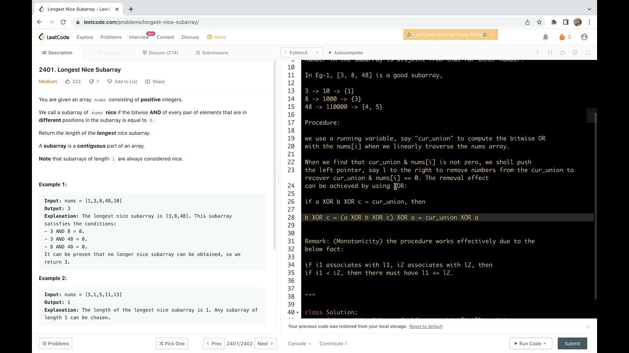 Leetcode 2401. Longest Nice Subarray - two-pointer sliding window, bitwise ops - YouTube