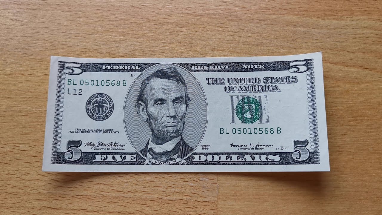 [4K] 5 US Dollar Banknote Series 1999 - YouTube