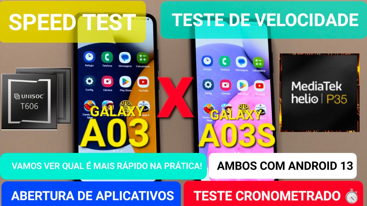 GALAXY A03 vs GALAXY A03S SPEED TEST | COM ANDROID 13 | O DUELO DO ANO ...