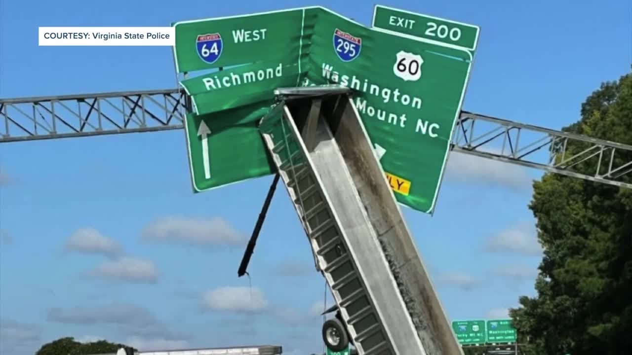 Semi’s trailer crashes into I-64 sign; interstate closed for hours ...