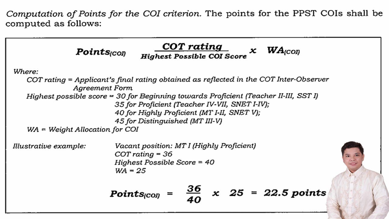 SAMPLE COMPUTATION OF POINTS FOR THE CLASSROOM OBSERVATION (PPST COIs ...