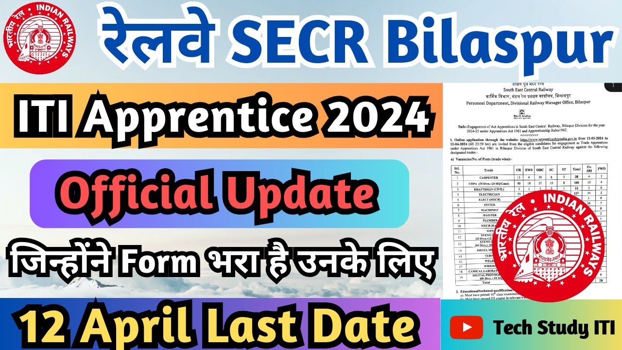SECR Bilaspur Apprentice 2024 Official Update, Railway ITI Apprentice 2024, RRC SECR Bilaspur ...