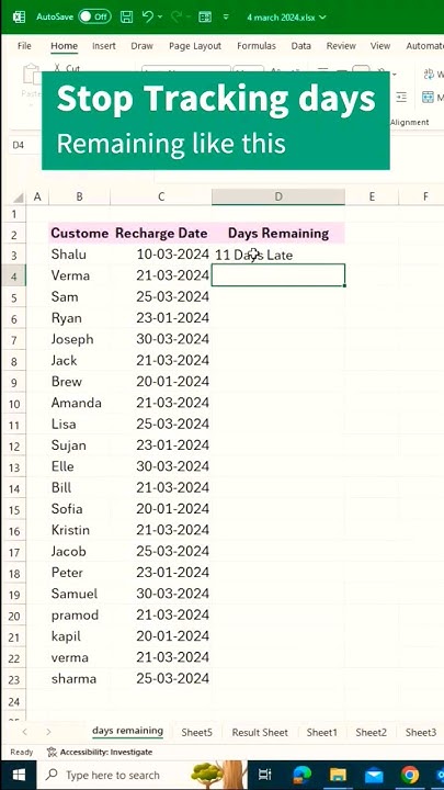 Effortless Excel: Mark Days Remaining with Simple Formulas! 📅 #ExcelTips #DaysRemaining - YouTube