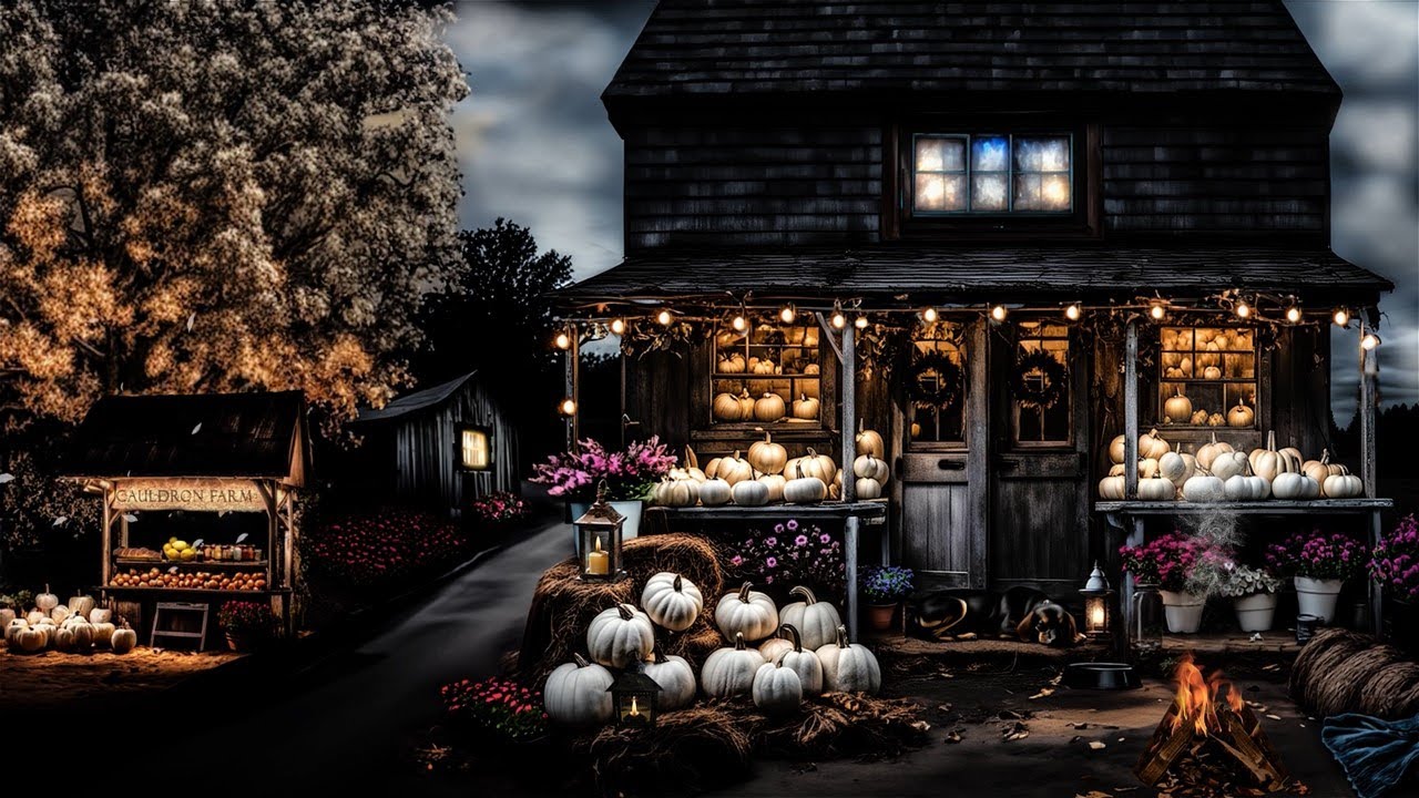 NIGHT TIME RUSTIC FARM AMBIENCE-COZY CAMPFIRE-PUMPKINS-SOOTHING NATURE ...