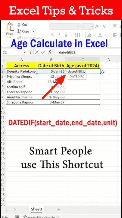 How to calculate current age from date of birth in EXCEL Datedif Formula😯 #excel #exceltricks ...