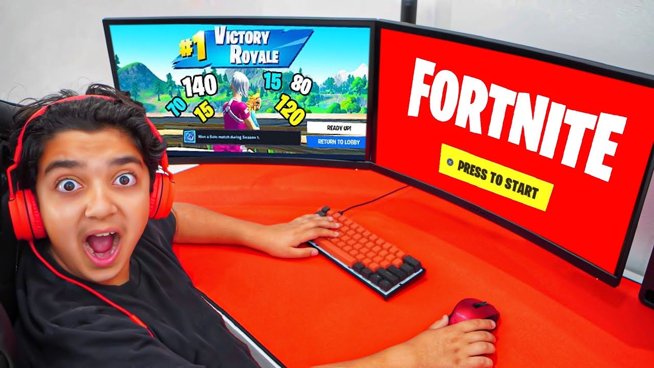 Little Brother Plays Fortnite With RED GAMING SETUP... - YouTube