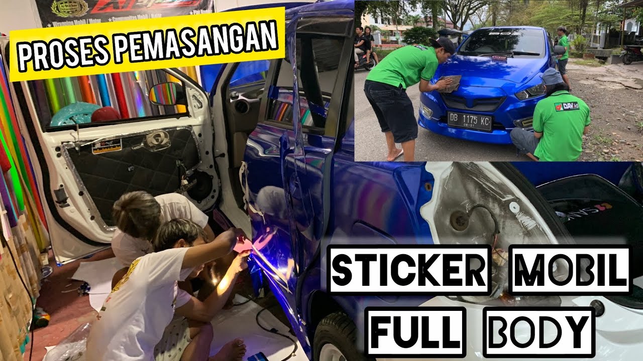 Proses pemasangan sticker candy biru full body pada mobil datsun - YouTube