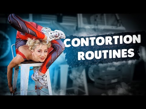 Contortion routines. Backbending poses. Flexible Alesya doing contortion training outdoor.