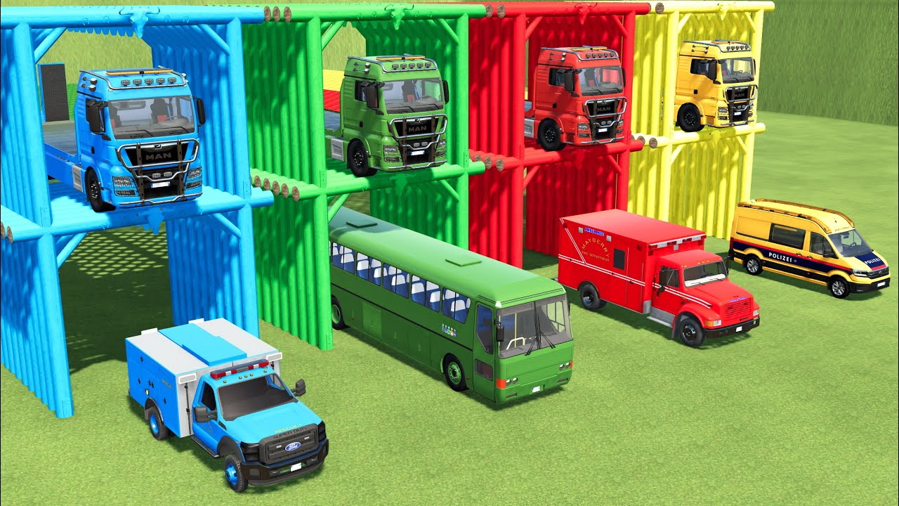 FS22 MODS | TRANSPORTING BUS, AMBULANCE, FIRE TRUCK TO GARAGE WITH MAN ...