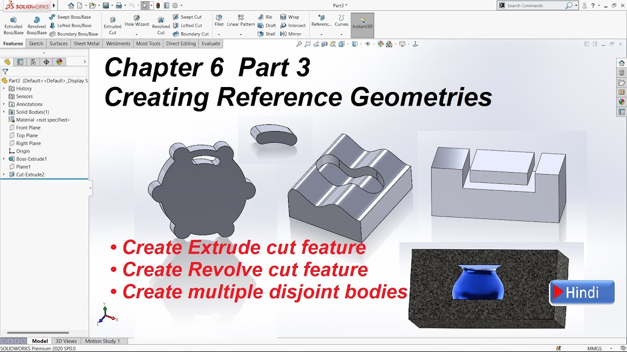 Chapter 6 Part 3 Extrude Cut, Revolve cut and create multiple disjoint bodies in solidworks 2020 ...