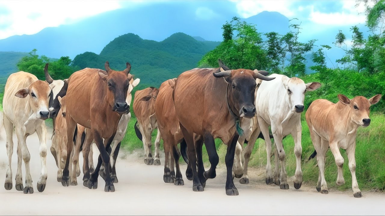 Puluhan sapi lembu ternak berlari di jalan perdesaan melewati bukit ...