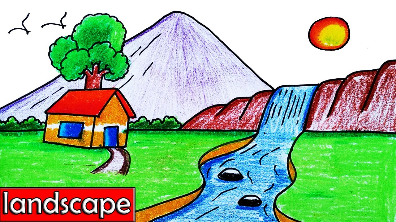 Easy landscape drawing for kids | Draw and Color a Landscape - YouTube