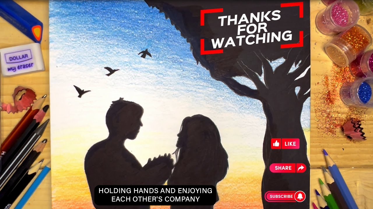 How to draw a scenery of couple romance | Romantic love sketch under ...
