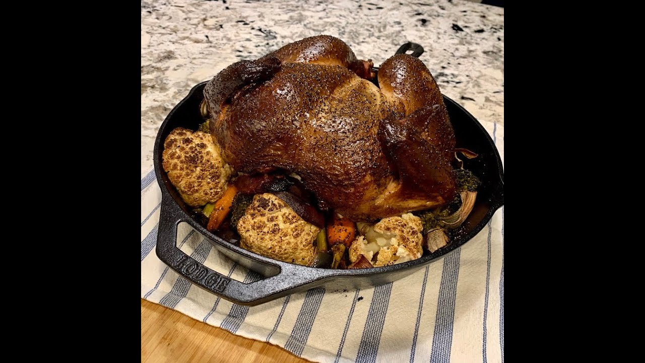 Smoked Spatchcock Chicken And Vegetables In A Lodge Cast Iron Skillet ...