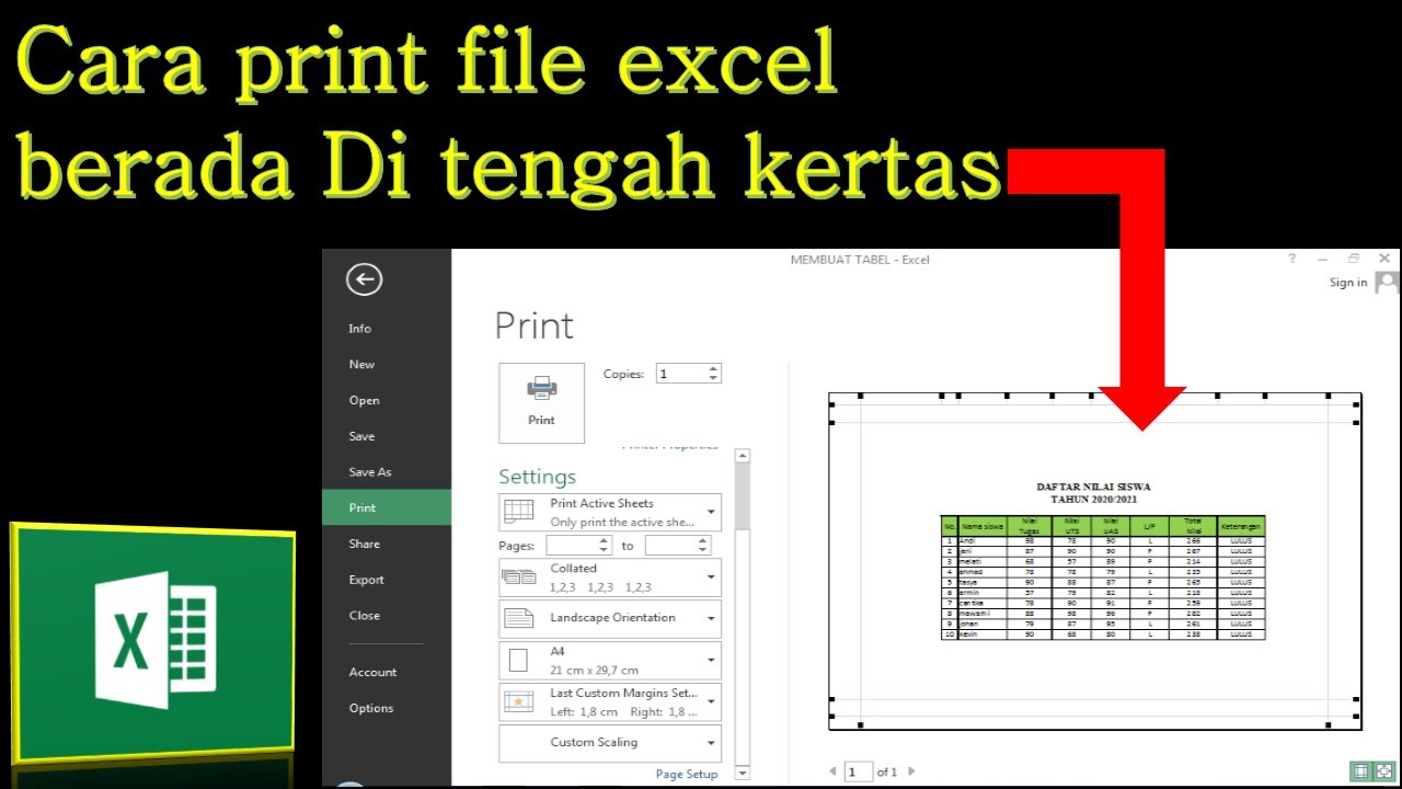 Cara print out file excel agar berada di tengah kertas - YouTube