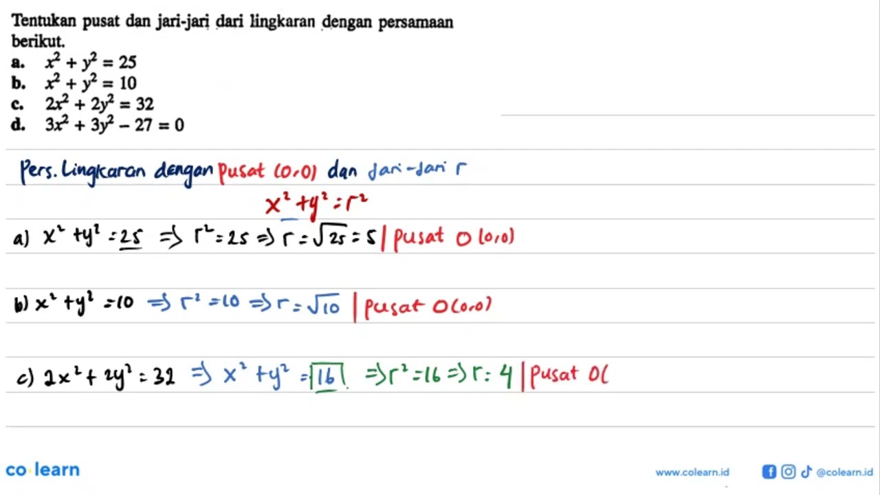 Tentukan Pusat Dan Jari jari Dari Lingkaran Dengan Persamaan Berikut A Tentukan Pusat Dan Jari jari Dari Lingkaran Dengan Persamaan Berikut A