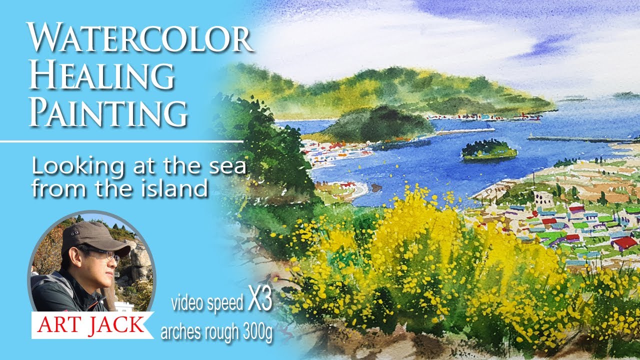 Watercolor healing landscape painting | Looking at the sea from the ...