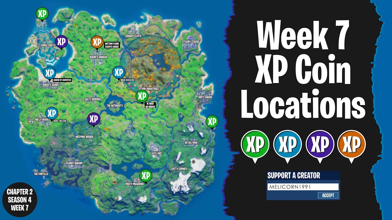 All XP Coin Locations - Fortnite season 4 chapter 2 (Week 7)*EASY TO ...