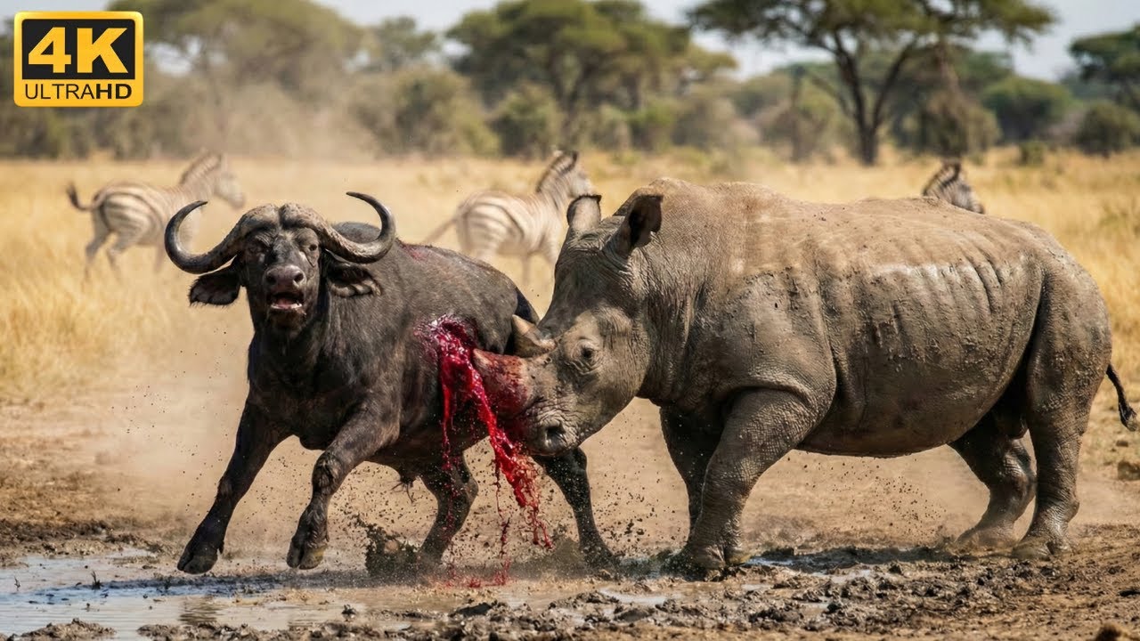 Rhino Vs Buffalo Deadliest Strike at the Waterhole | Wildlife ...