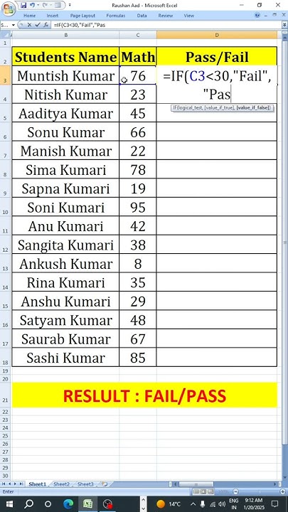 Pass Or Fail Excel Formula #excel #exceltips #exceltricks #excelformula #raushantypingmaster ...