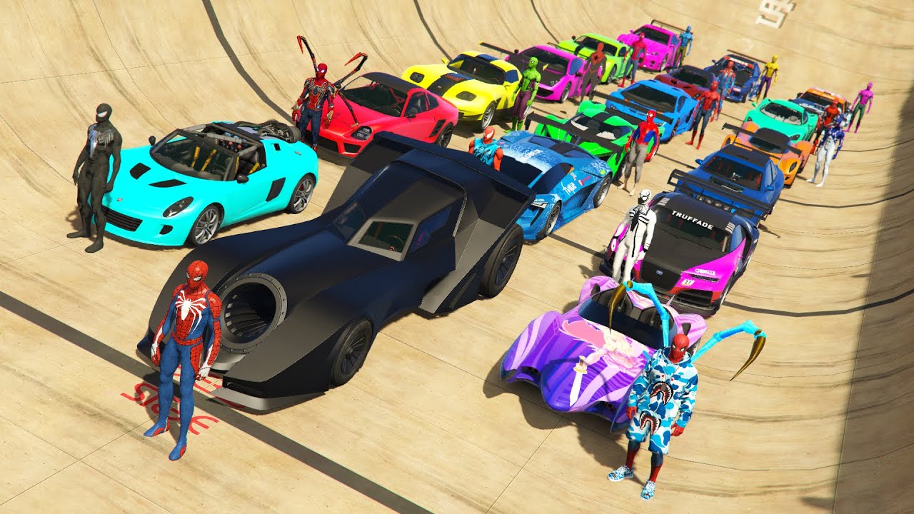 SPIDER MAN on CARS MEGA Ramp STUNT Ride 🚗 الأبطال الخارقين على القضبان ...