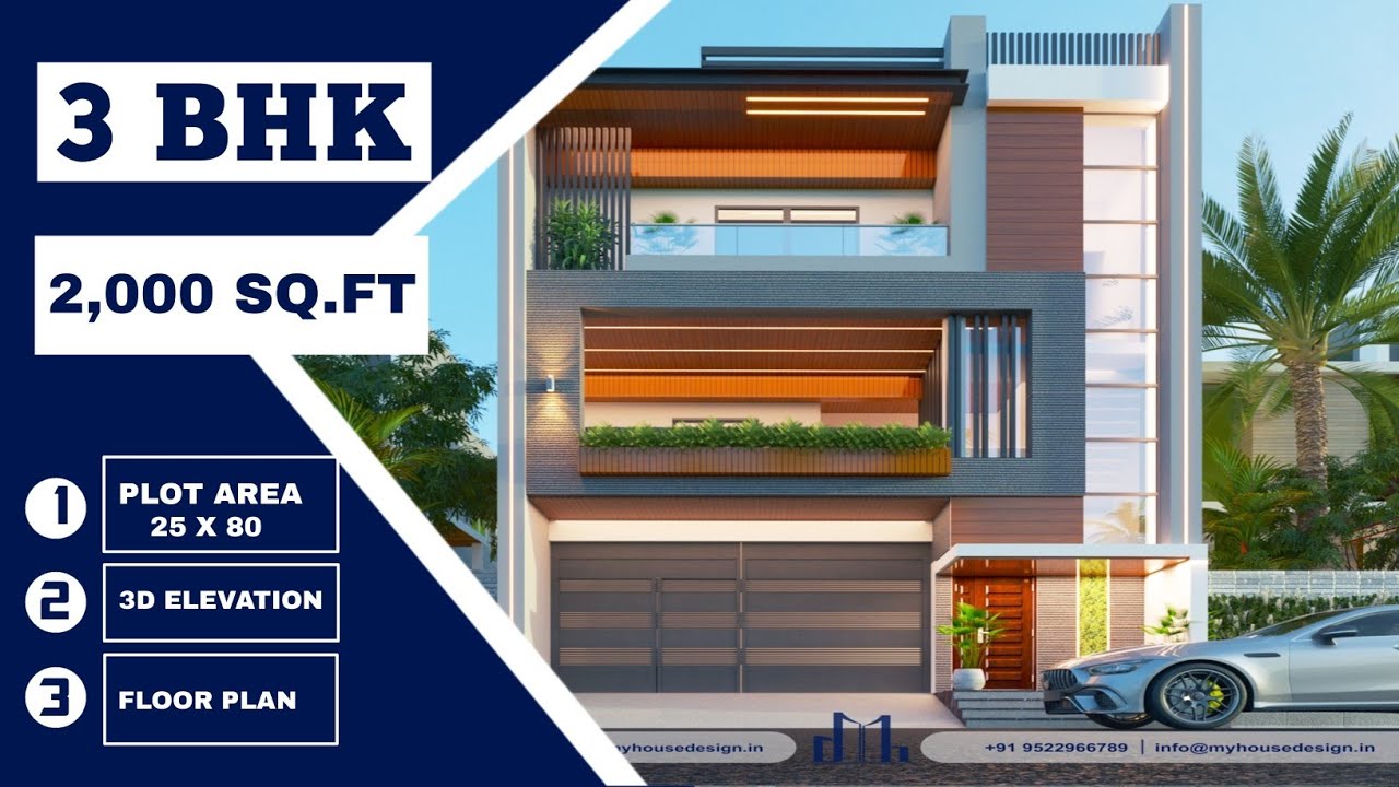 25x80 House Design 3D elevation | 2000 Sqft | 3BHK 3 story house ...