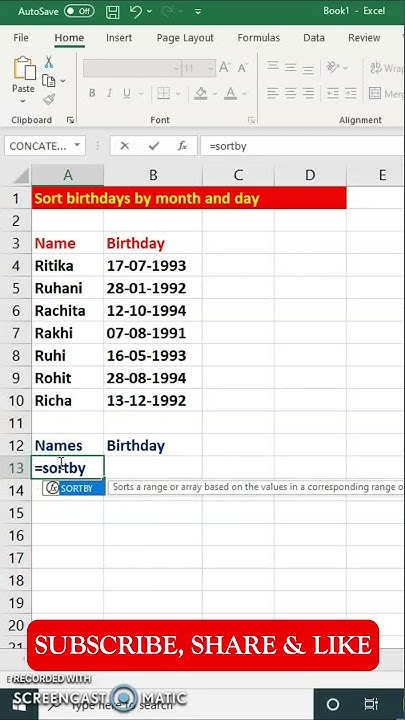 Sort birthday by month and day in excel | excel tutorial | #shorts - YouTube