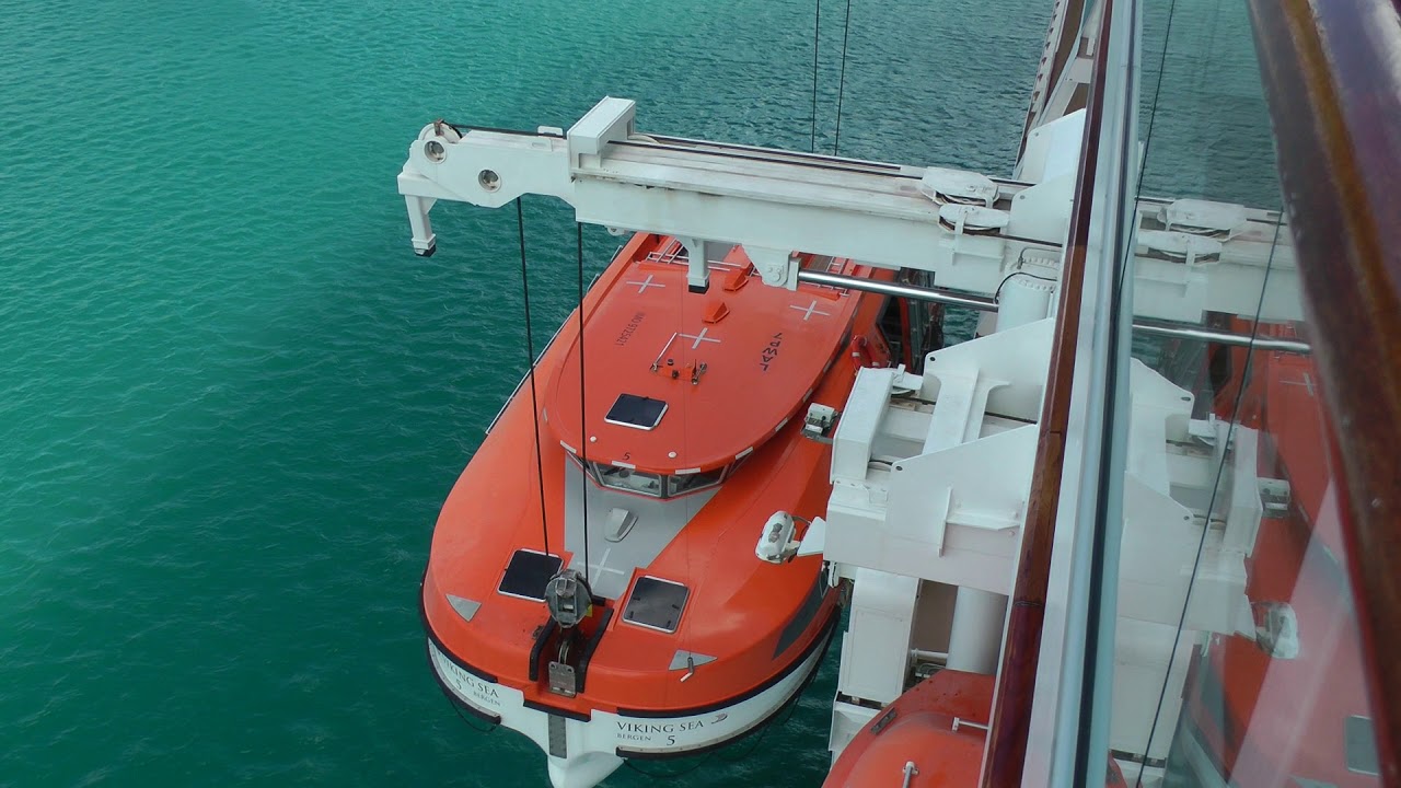 testing out and working on the lifeboats on Viking Sea during a West ...