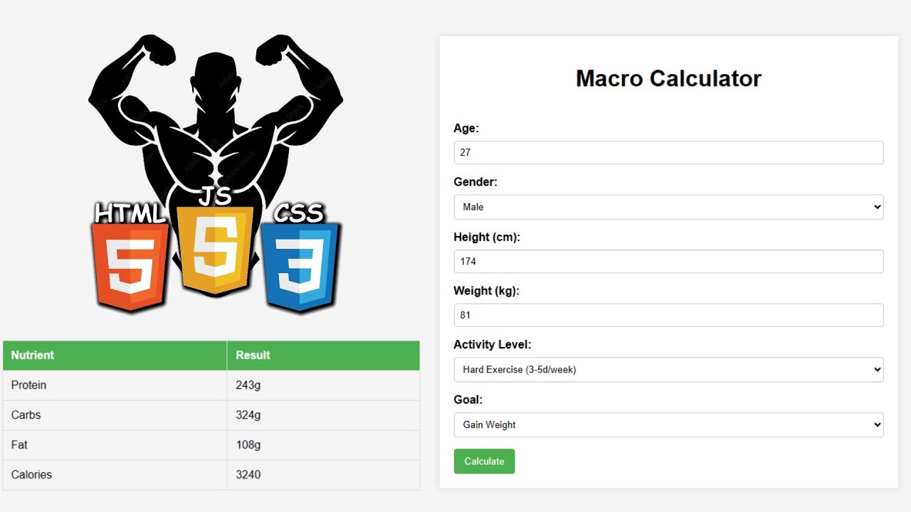 Diet Macro Calculator! Using HTML, CSS & JS (No talking) - YouTube