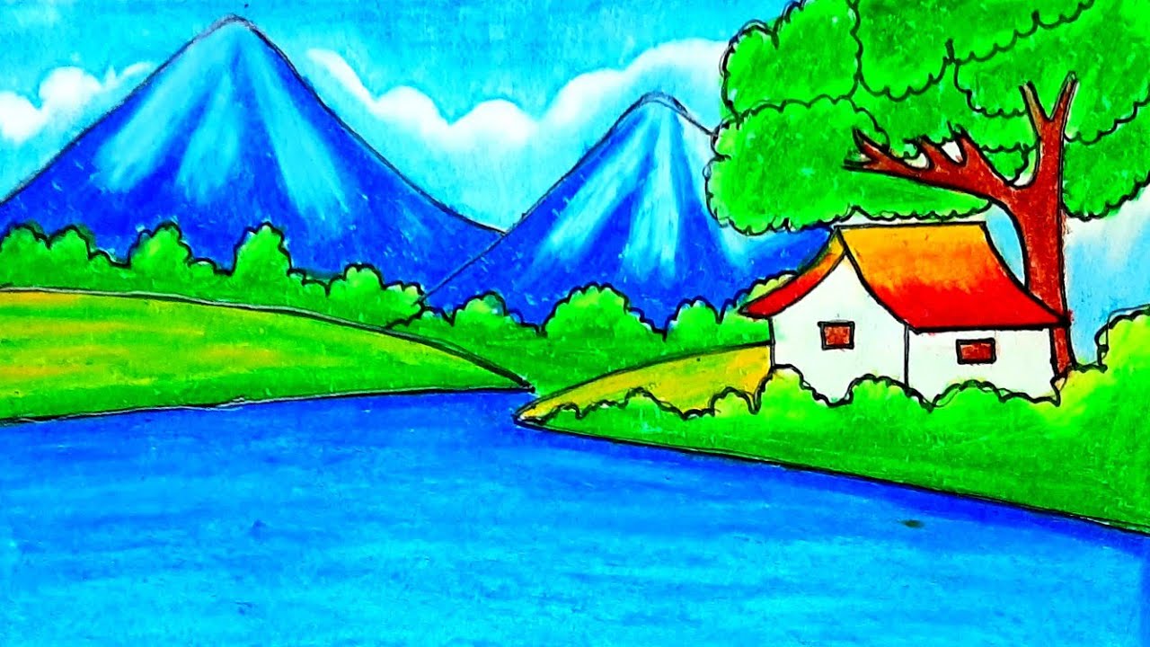 How to draw easy beautiful landscape scenery with hills and rivers ...