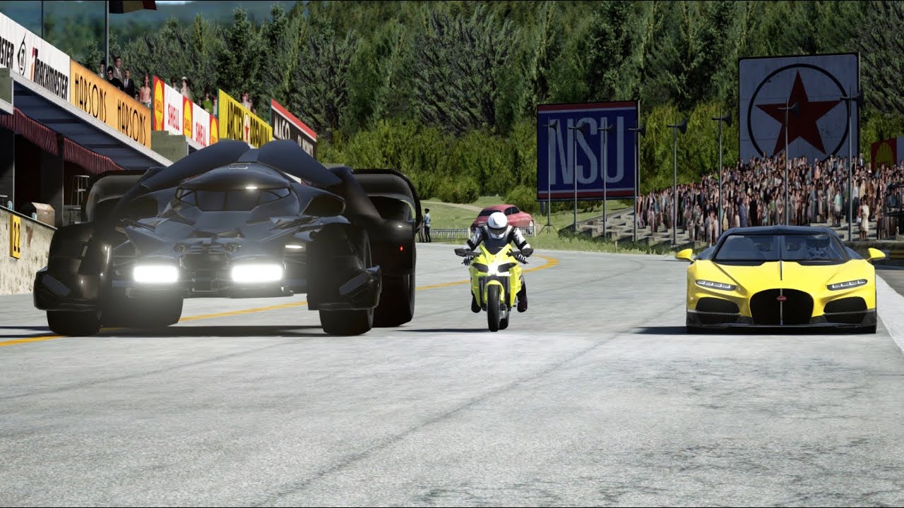 Kawasaki Ninja H2 vs Bugatti Tourbillon vs Batmobile at Old SPA - YouTube