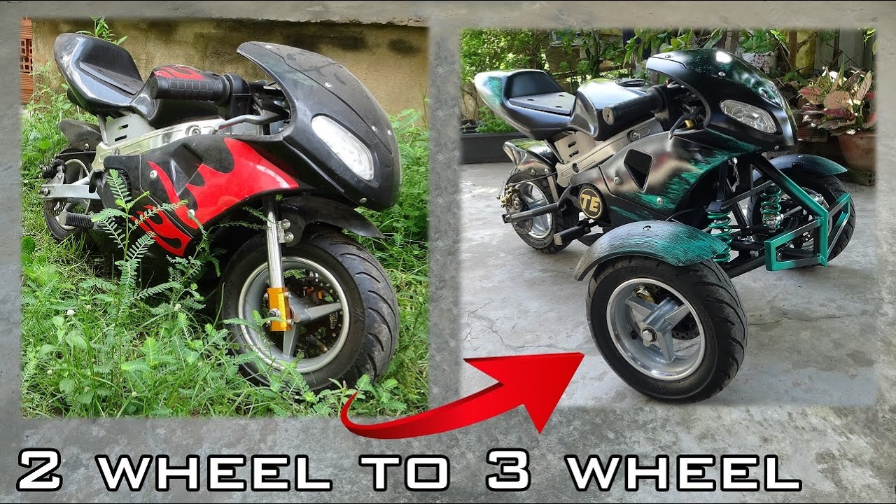 Convert 2 wheel mini motorcycle to 3 wheel - YouTube