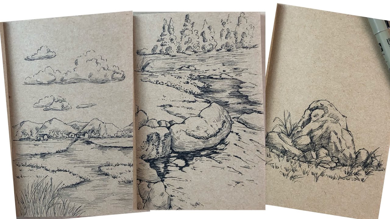 Live Replay Pen Drawing Tutorial Simple Steps to Draw Natural Rocks ...