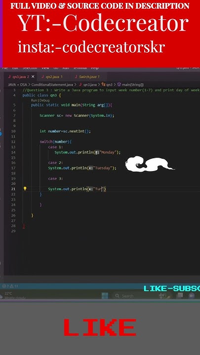 Java Program To Input Week Number(1-7) And Print Day Of Week Name Using Switch Case | - YouTube