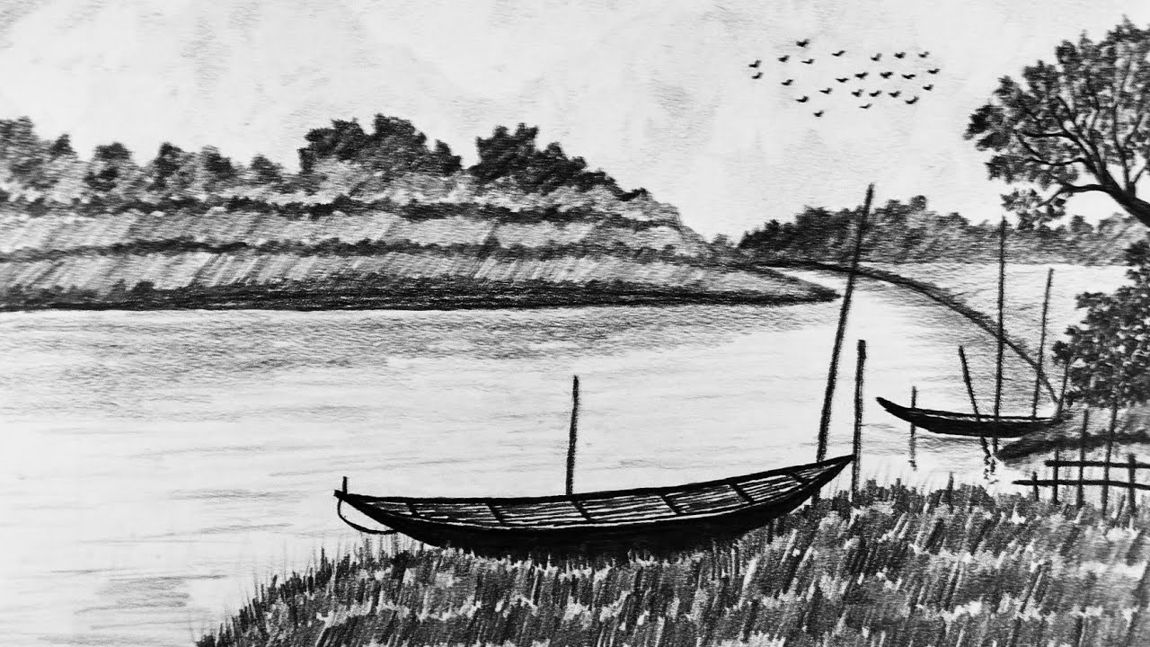 How to draw river & boat scenery step by step easily | Pencil art step ...