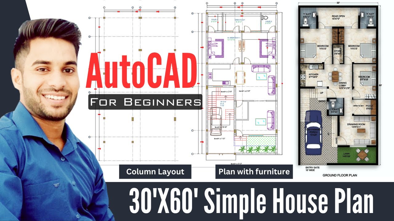 30'X60' Simple House Plan in AutoCAD | Column Placement | Furniture ...