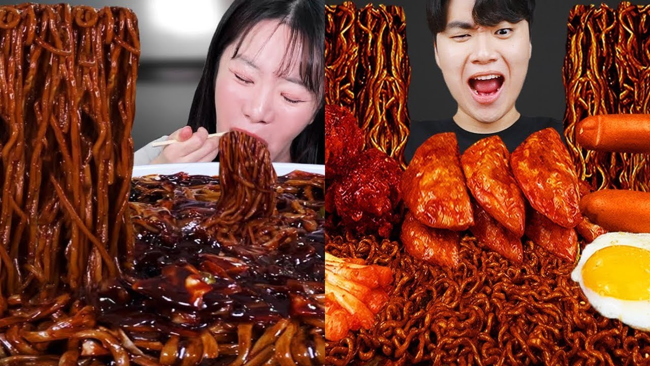ASMR MUKBANG | Fried Chicken, black bean noodles, kimchi, sausage ...