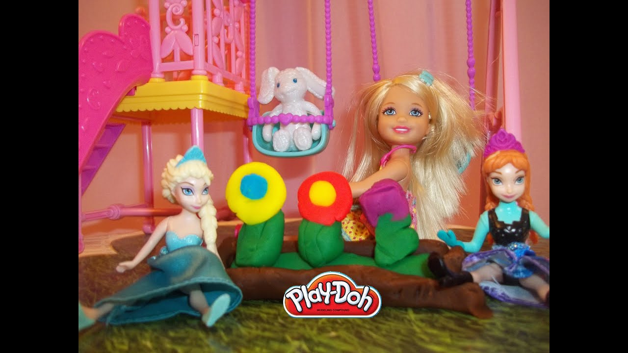 Barbie Chelsea Swing Set Frozen Queen Elsa Princess Anna Disney Playdoh ...