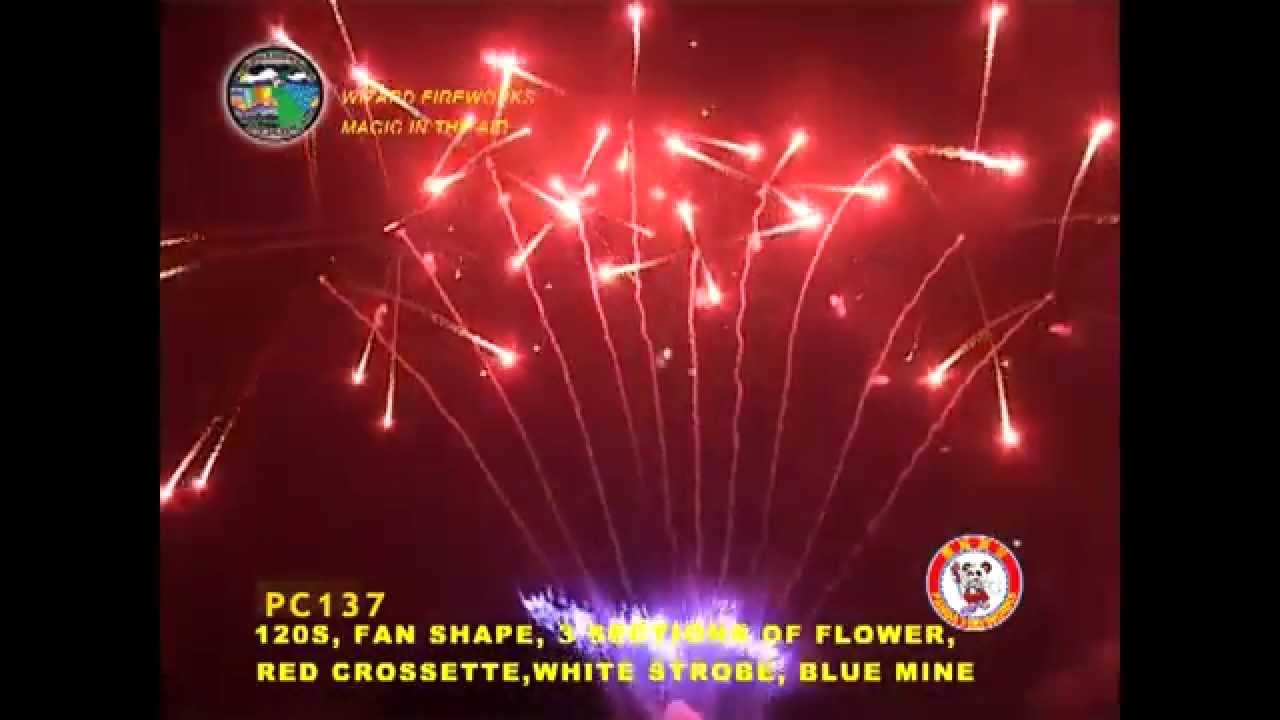 1.3G FIREWORKS: 120 SHOT FAN SHAPE 3 SECTIONS FLOWER, RED CROSSETTE ...