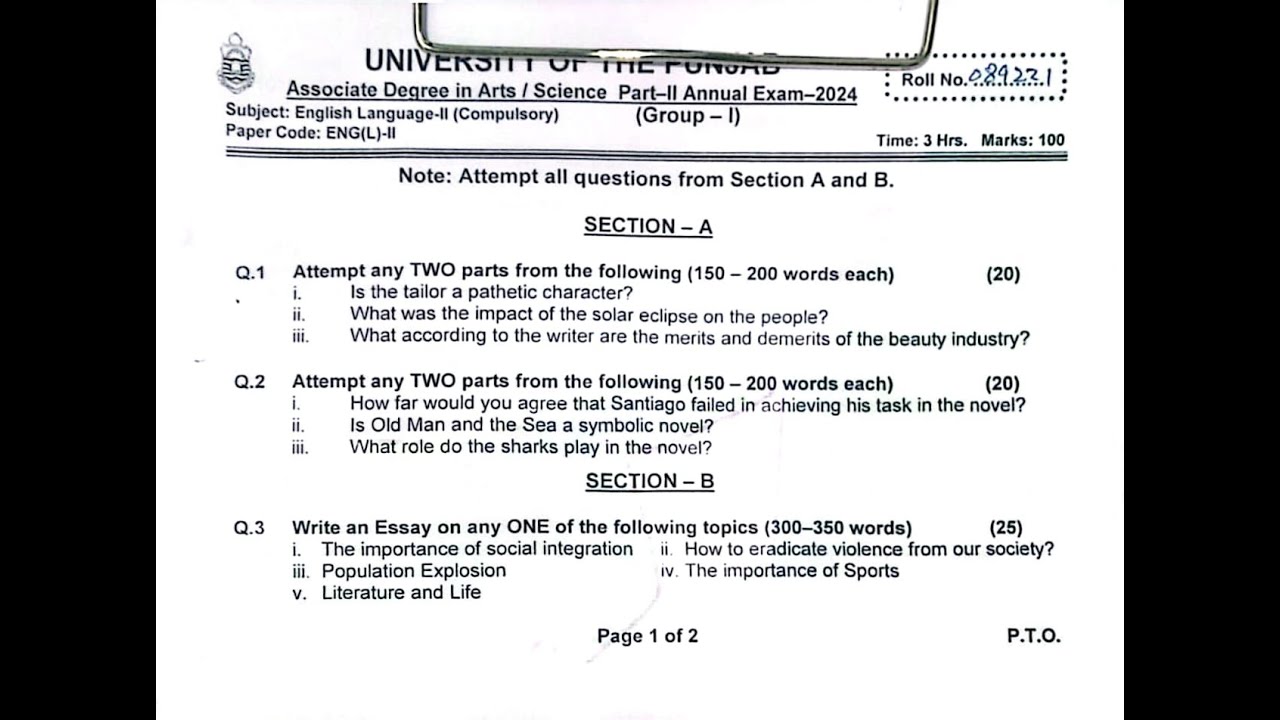 BA ADA Part 2 English Evening Group 2 Paper 2024 PU | BA English Paper ...