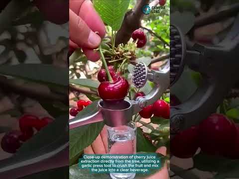 Close-up demonstration of cherry juice extraction directly from the tree,