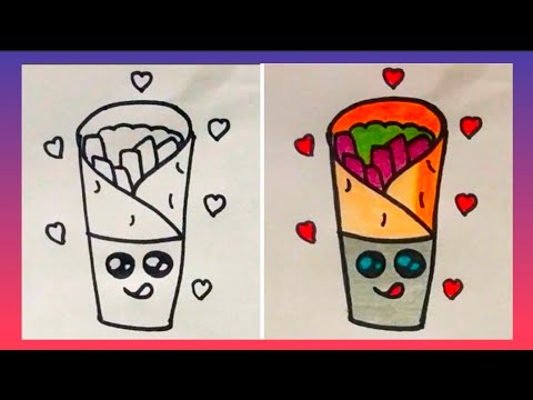 How to draw a cute chicken shawarma roll| Easy food drawing for ...