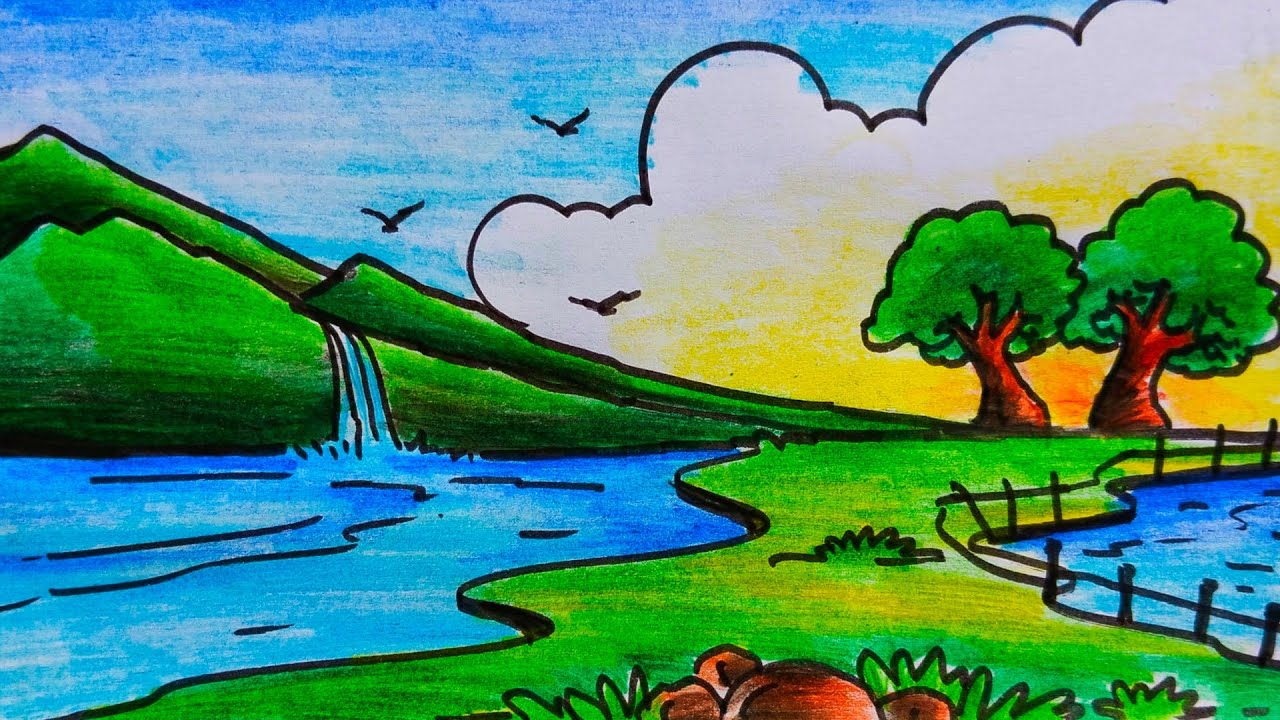 How to draw nature scenery of waterfall, || how to draw easy nature ...