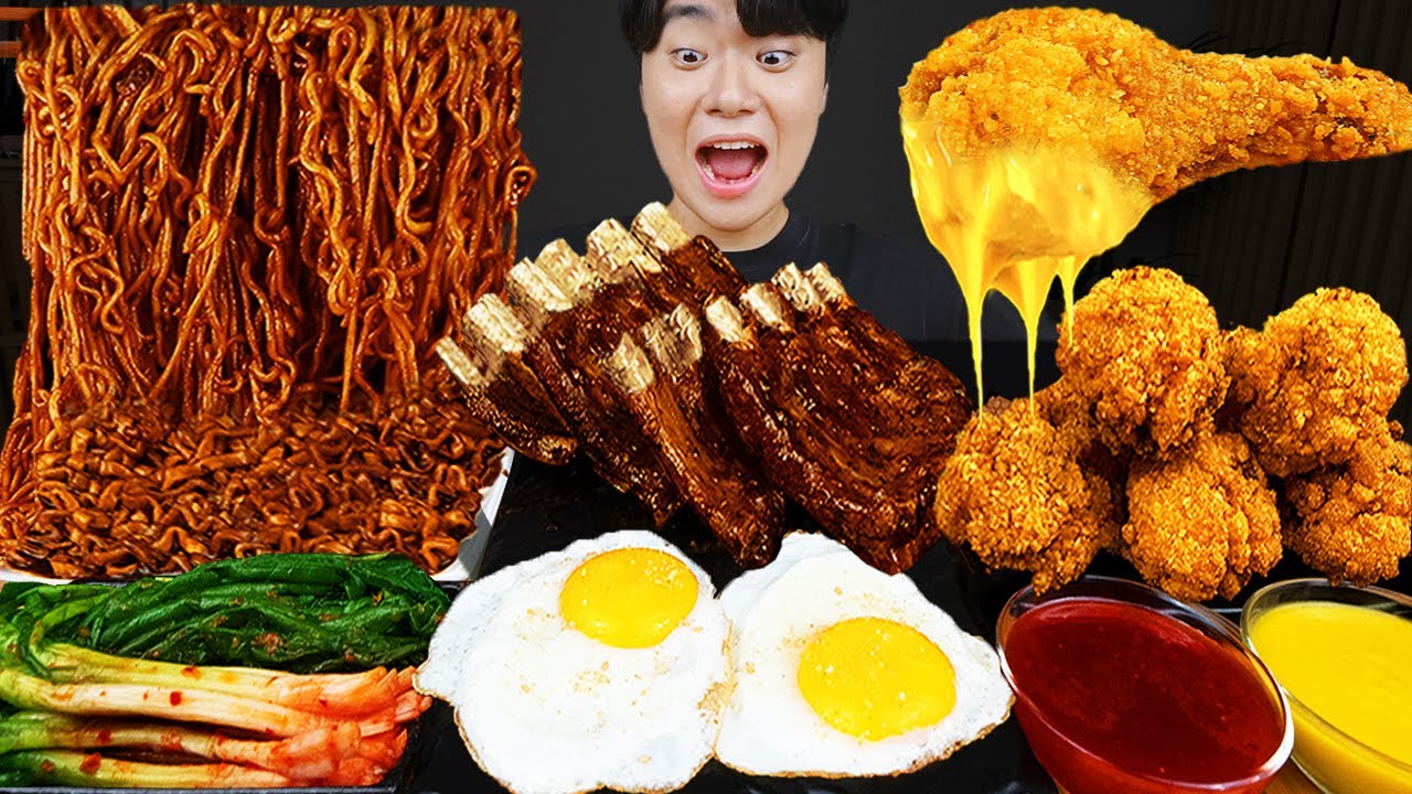 ASMR MUKBANG 직접 만든 양념 치킨먹방! 스테이크 짜파게티 레시피 & 먹방 FRIED CHICKEN AND BLACK ...