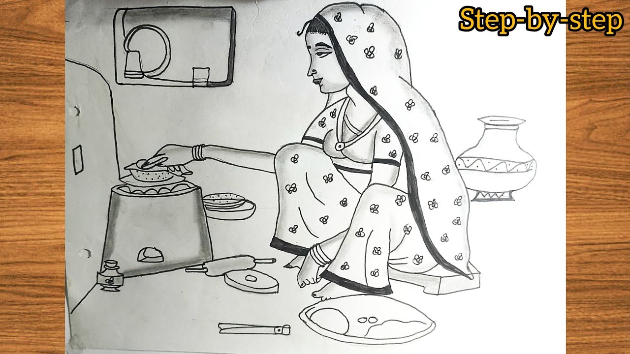 Cooking Lady Drawing ️|| How to draw village women cooking|| Kitchen ...
