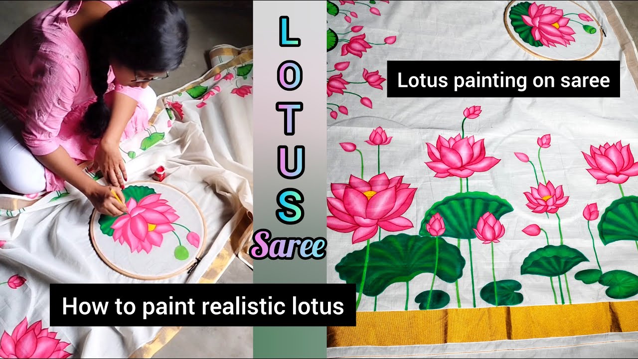 How to paint a realistic lotus on saree || easy way to make lotus || fabric painting techniques ...