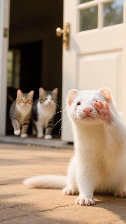 A cute white ferret found two kittens - YouTube