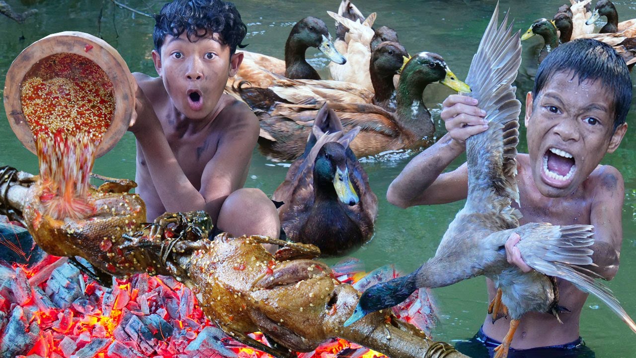 Primitive Technology - Meet Duck And Catch Cooking For Food - YouTube